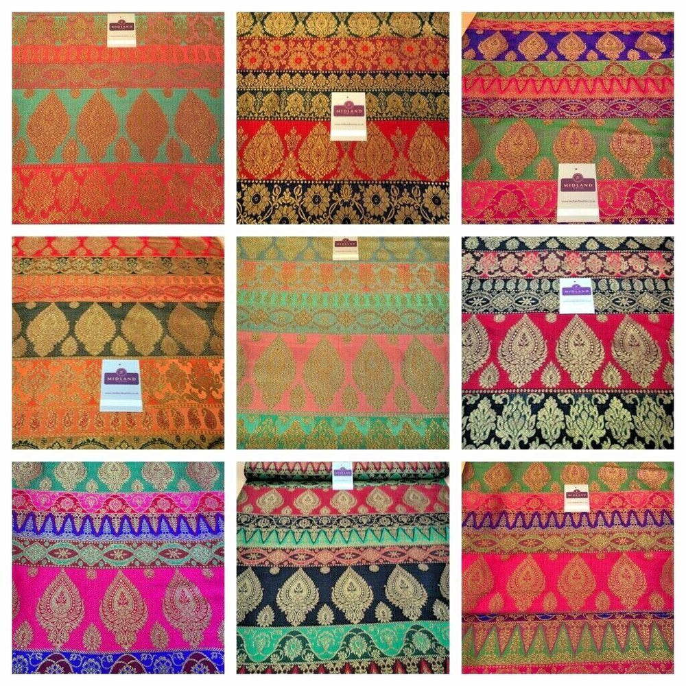 Indian Faux Silk Paisley Floral Border Banarsi brocade Fabric 110cm MP ...